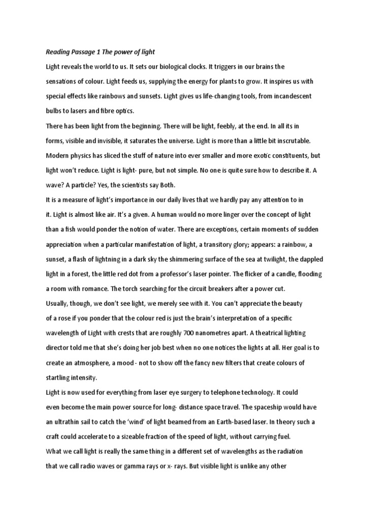 Reading Passage 1 The Power of Light | PDF | Light | Rainbow
