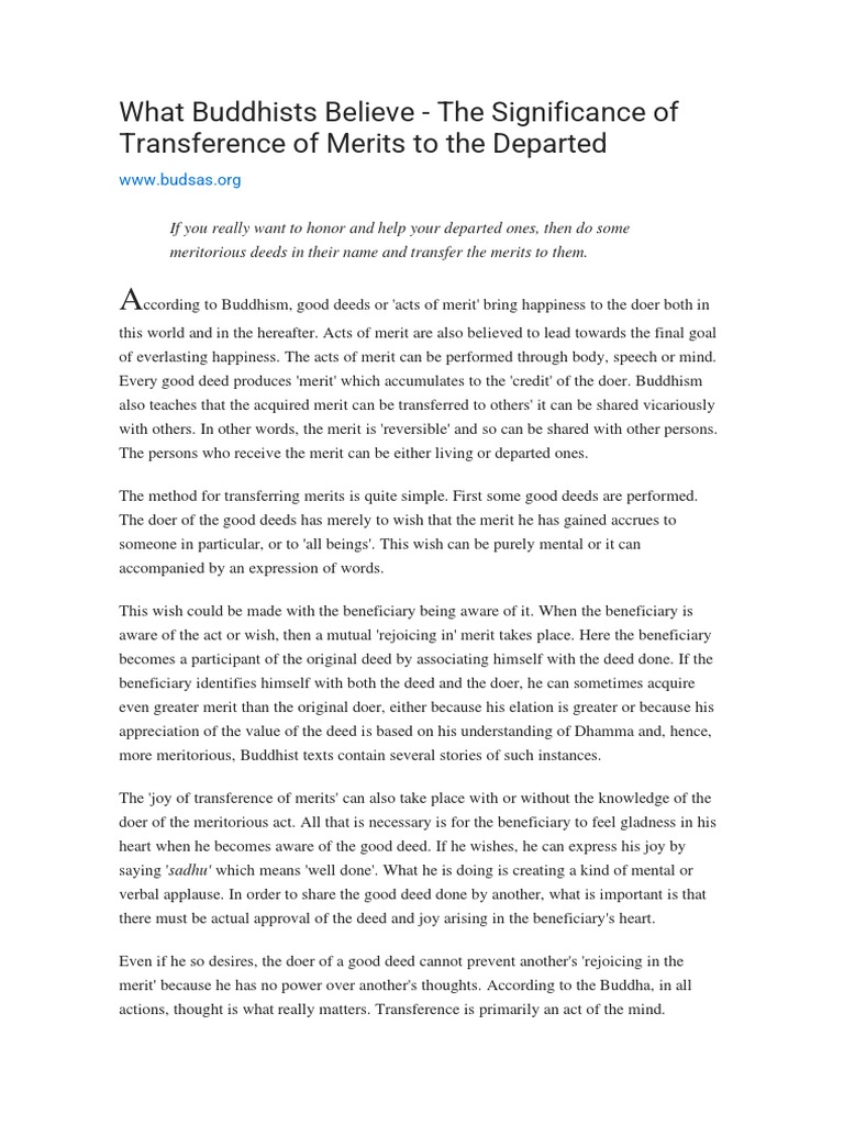 Transfer of Merits (Pattidana) and Receiving Merits (Punnanumodana ...