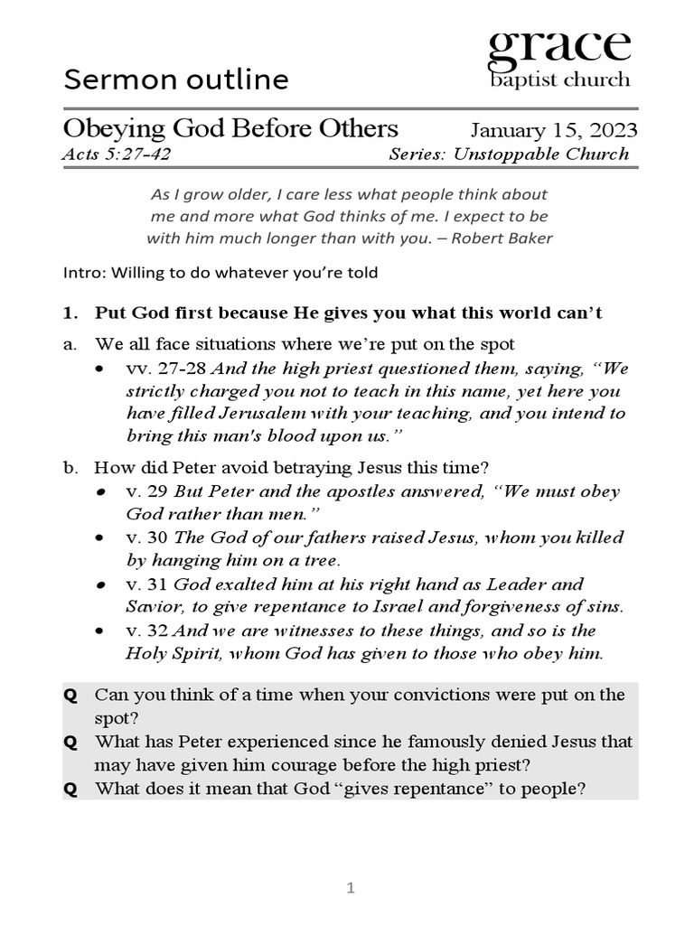 Acts+5+27 42+Obeying+God+Before+Others+Handout | PDF