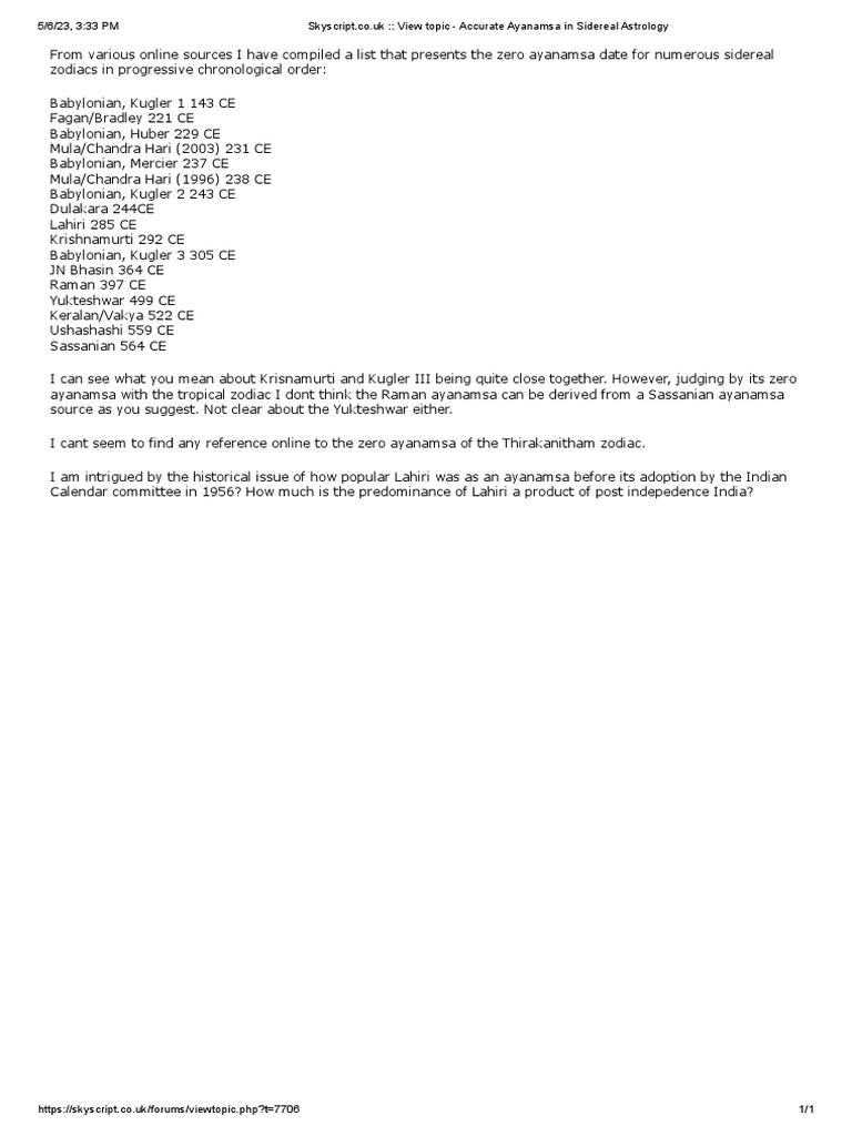 Skyscript - Co.uk - View Topic - Accurate Ayanamsa in Sidereal Astrology | PDF