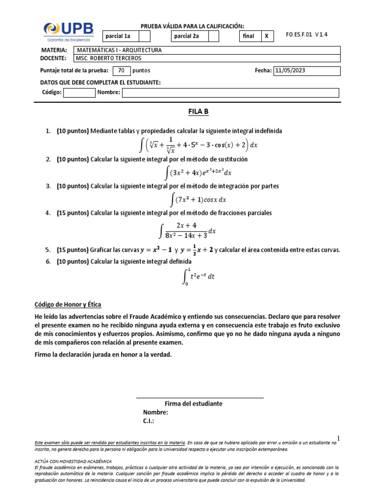 Examen de Integrales para Matemáticas I | PDF | Integral ...