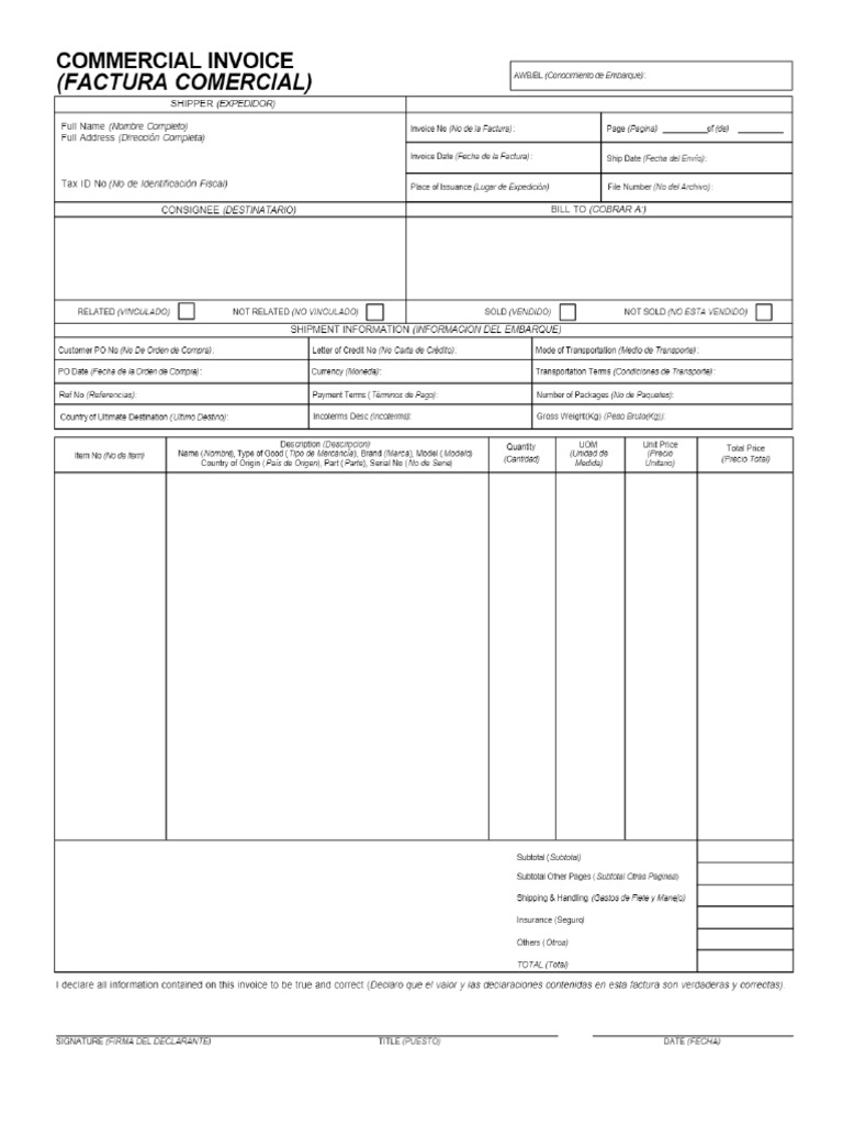Commercial Invoice Factura Comercial Pdf