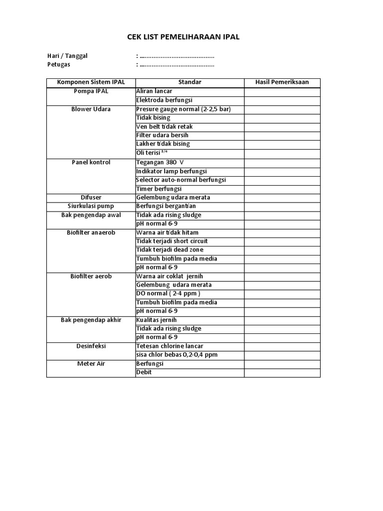 Cek List Pemeliharaan IPAL | PDF