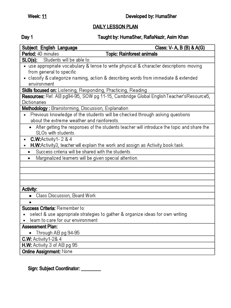 E1 WK 11 Class 5 | PDF | Lesson Plan | Teachers