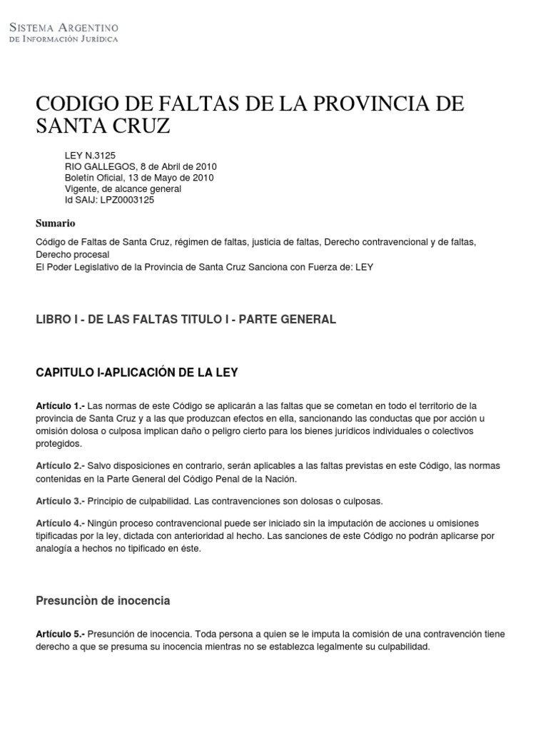 Codigo de Faltas de La Provincia de Santa Cruz | PDF | Derecho penal | Multa (pena)