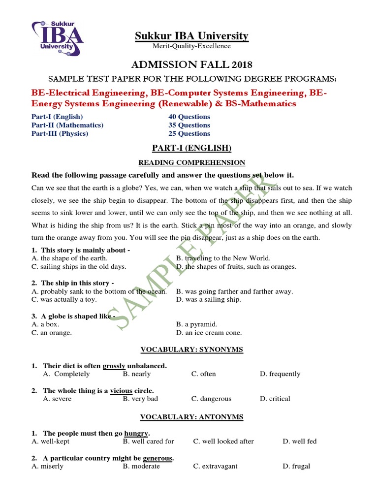 Sample Paper Admission-2018-BE BS-Maths Programs | PDF