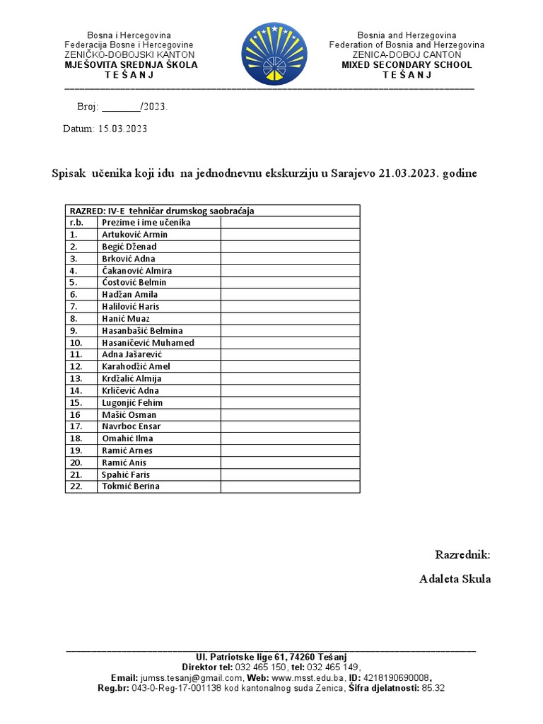 Spisak Za Ekskurziju IV-E Tehničar Drumskog Saobraćaja | PDF