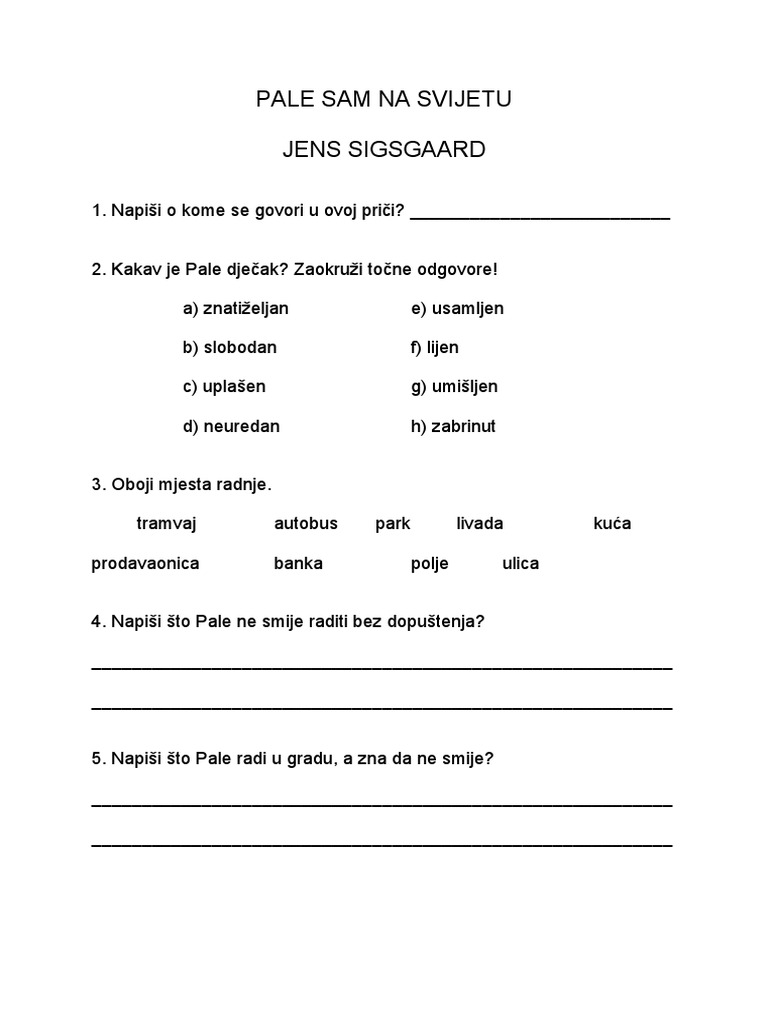 Lektira - Pale Sam Na Svijetu, Listic, 1.r.ana | PDF