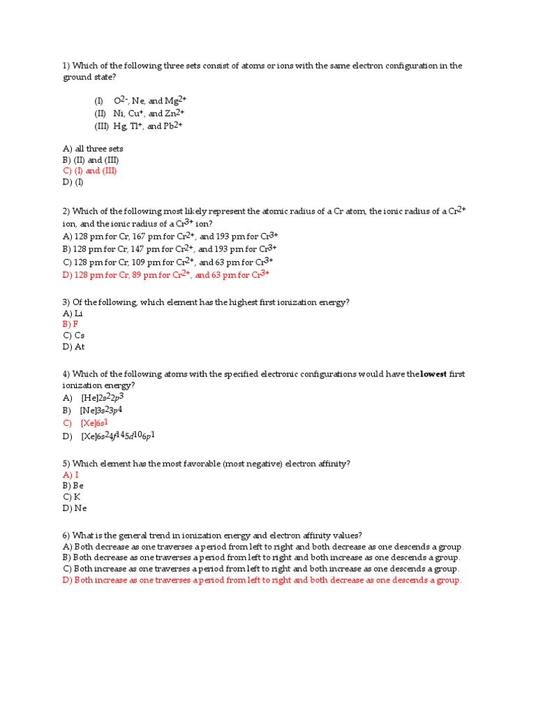Chemistry Quiz on Electron Configurations | PDF | Ion | Ionization