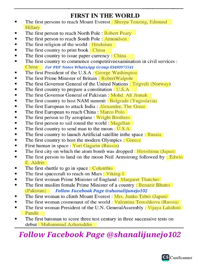 First in World Important GK By Shan Ali Junejo | PDF