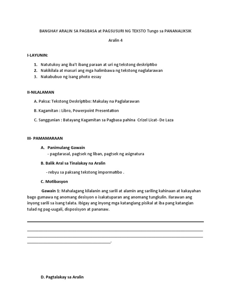 BANGHAY ARALIN SA PAGBASA at PAGSUSURI NG TEKSTO Tungo Sa PANANALIKSIK ...