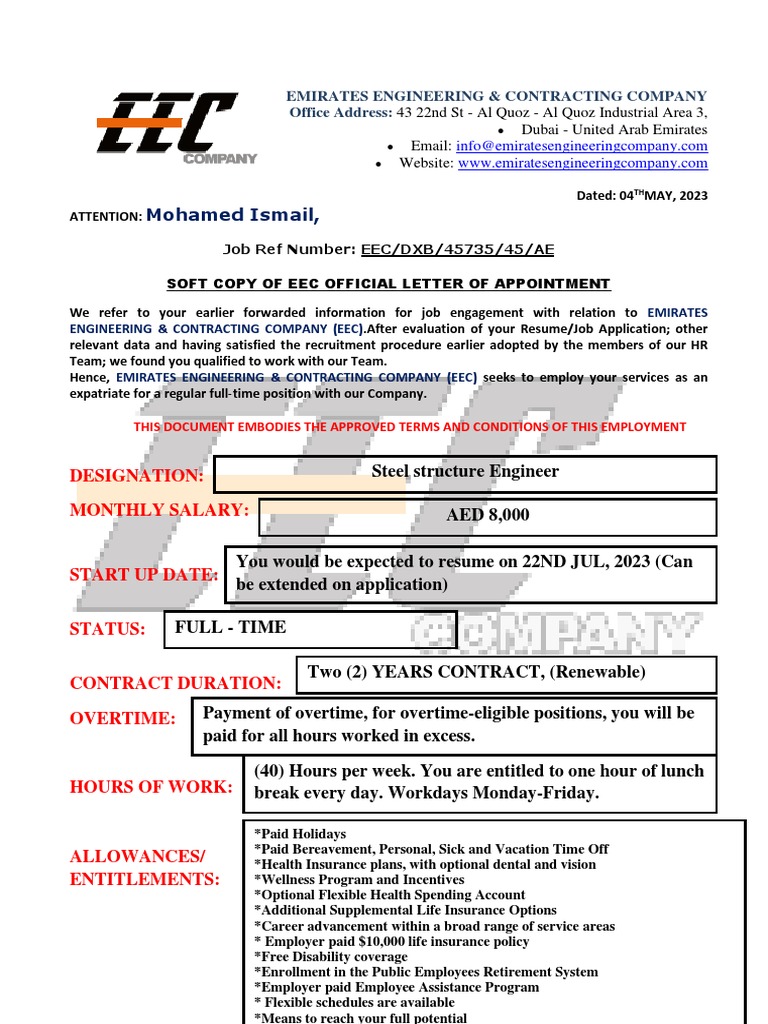 Job Offer Agreement From Eec Dubai | PDF | Employment | United Arab ...