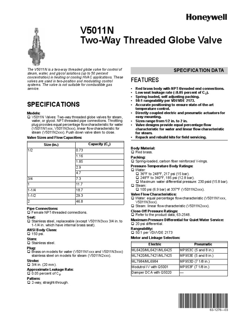 V5011N Two Way Threaded Globe Valve Features PDF Valve Home