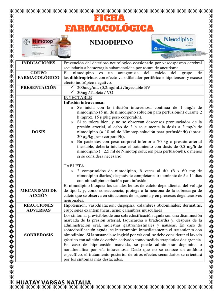 Nimodipino: Indicaciones Grupo Farmacológico Presentación | PDF