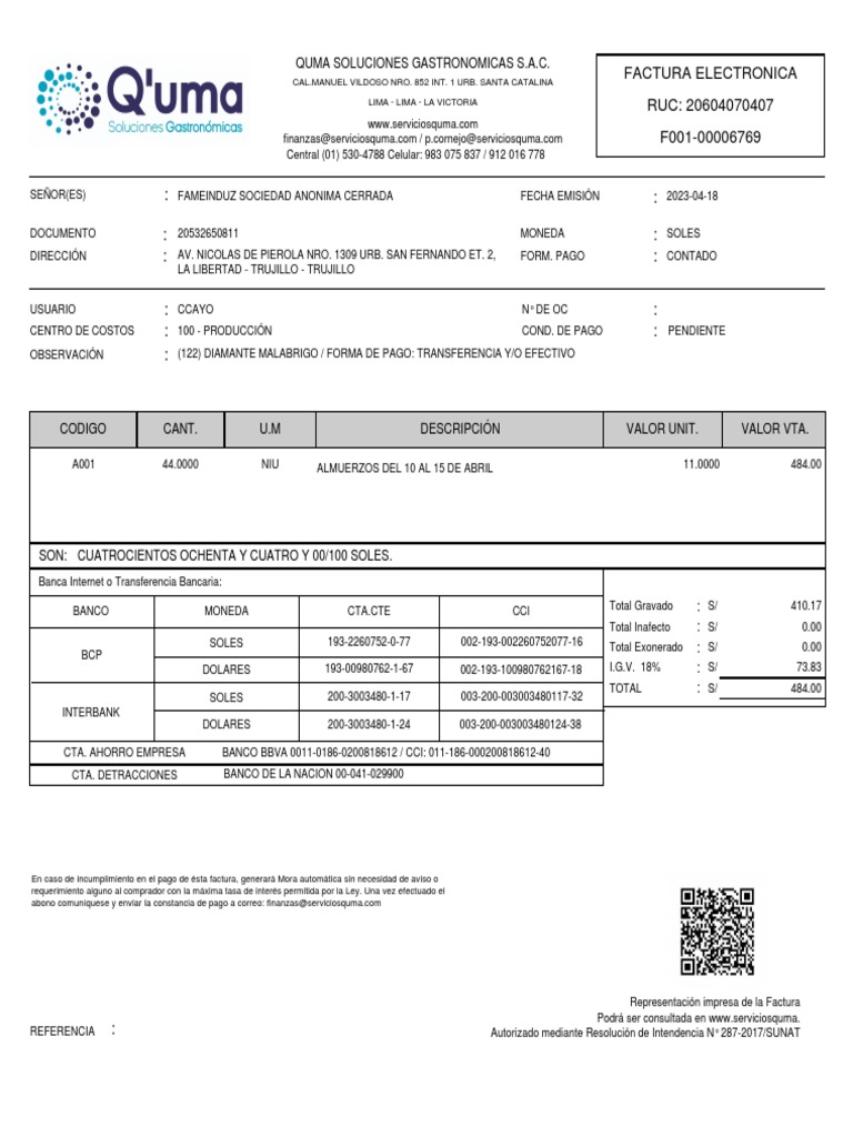 Factura Electronica RUC: 20604070407 F001-00006769: Quma Soluciones Gastronomicas S.A.C | PDF ...