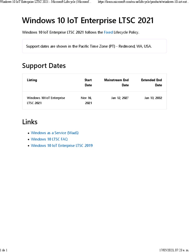 Ciclo de Vida Windows 10 Iot Enterprise LTSC 2021 | PDF