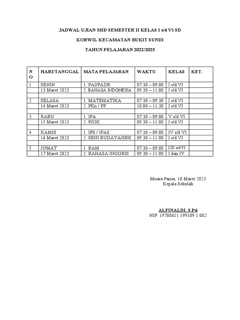 JADWAL UJIAN MID SEMESTER II KELAS I S | PDF