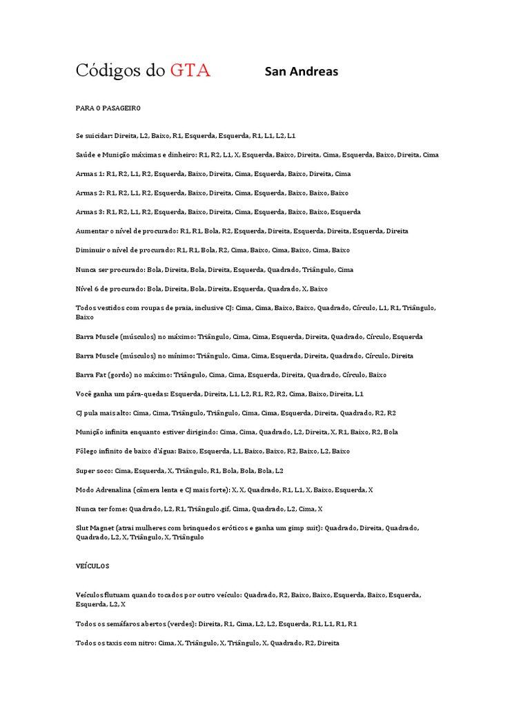 Códigos Do GTA San Andreias | PDF