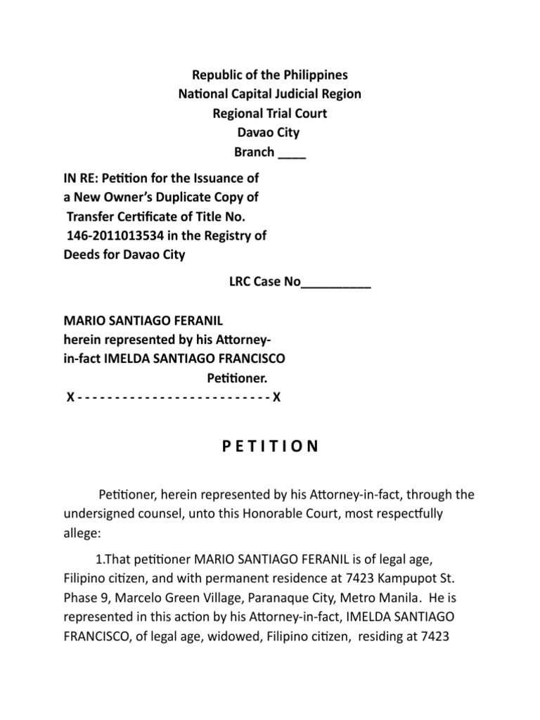 Republic of The Philippines Petition To Reissue Title | PDF