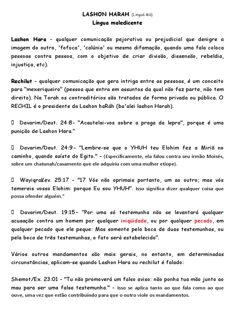 LASHON HARAH (Linguá Má) Língua Maledicente | PDF | Justiça | Crime e ...