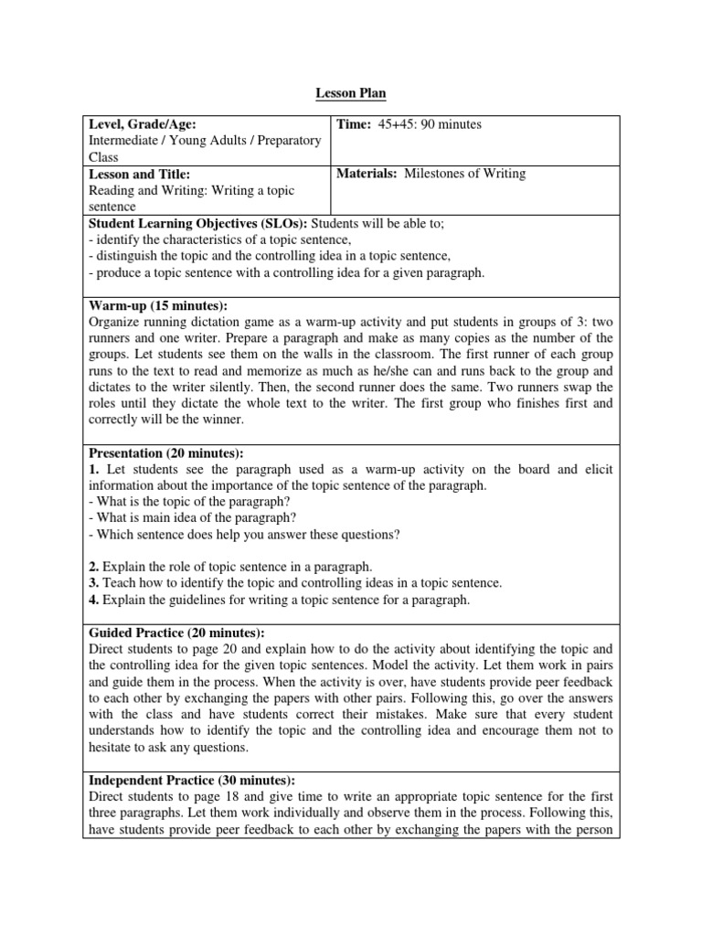 Lesson Plan On Writing A Topic Sentence | PDF | Lesson Plan | Homework