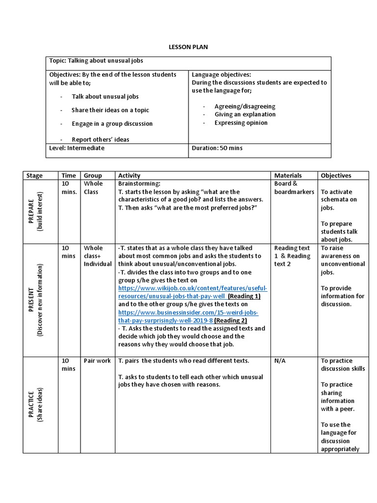 A Speaking Lesson On Unusual Jobs 03 | PDF | Lesson Plan | Reason