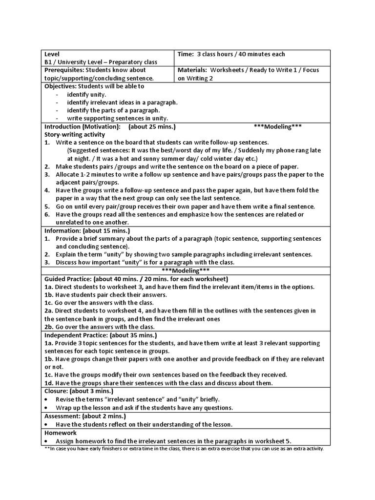 Unity in Writing: Lesson Plan & Activities | PDF | Worksheet