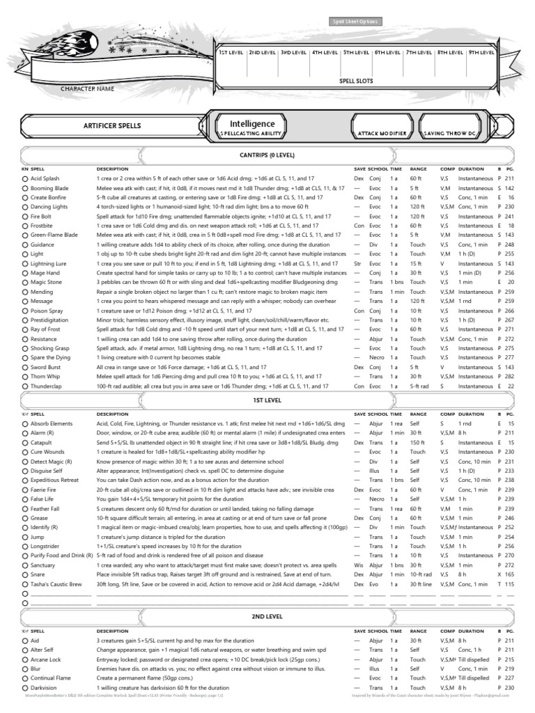 Artificer Alt Spell Sheet | PDF
