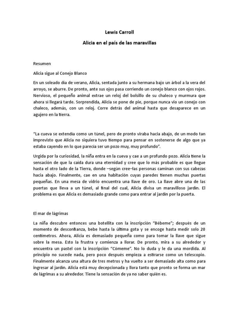 Resumen Alicia en El País de Las Maravillas | PDF | Las aventuras de Alicia en el País de las ...