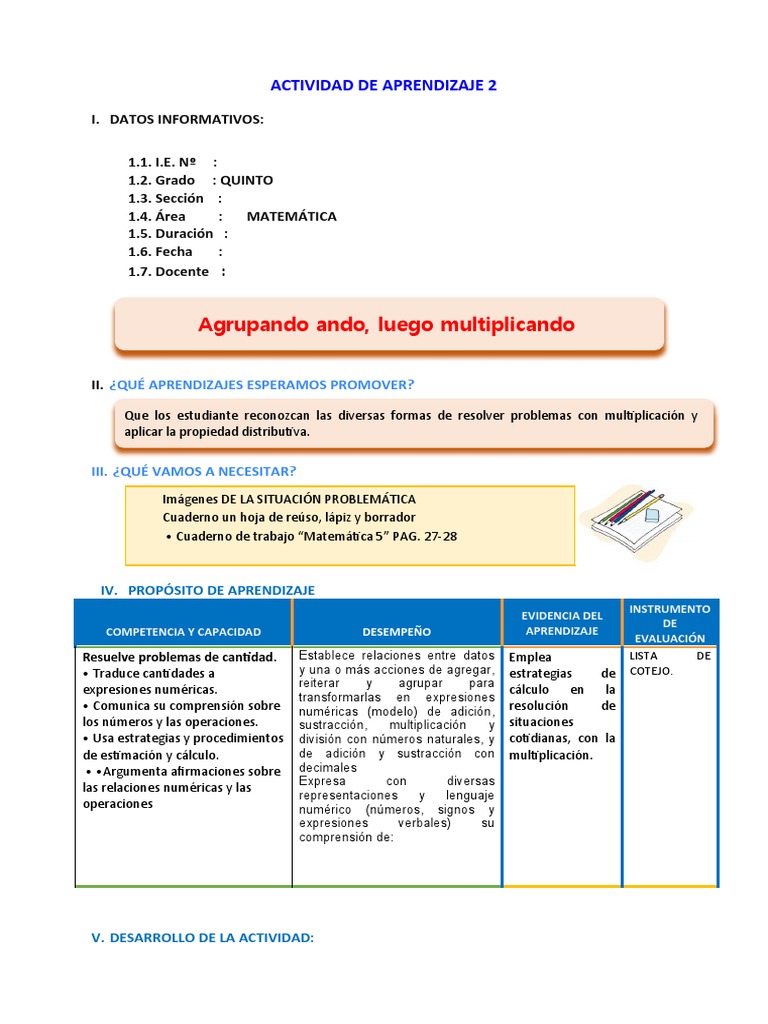 D2 A1 SESION MAT. Agrupando Ando, Luego Multiplicando | PDF | Evaluación | Multiplicación