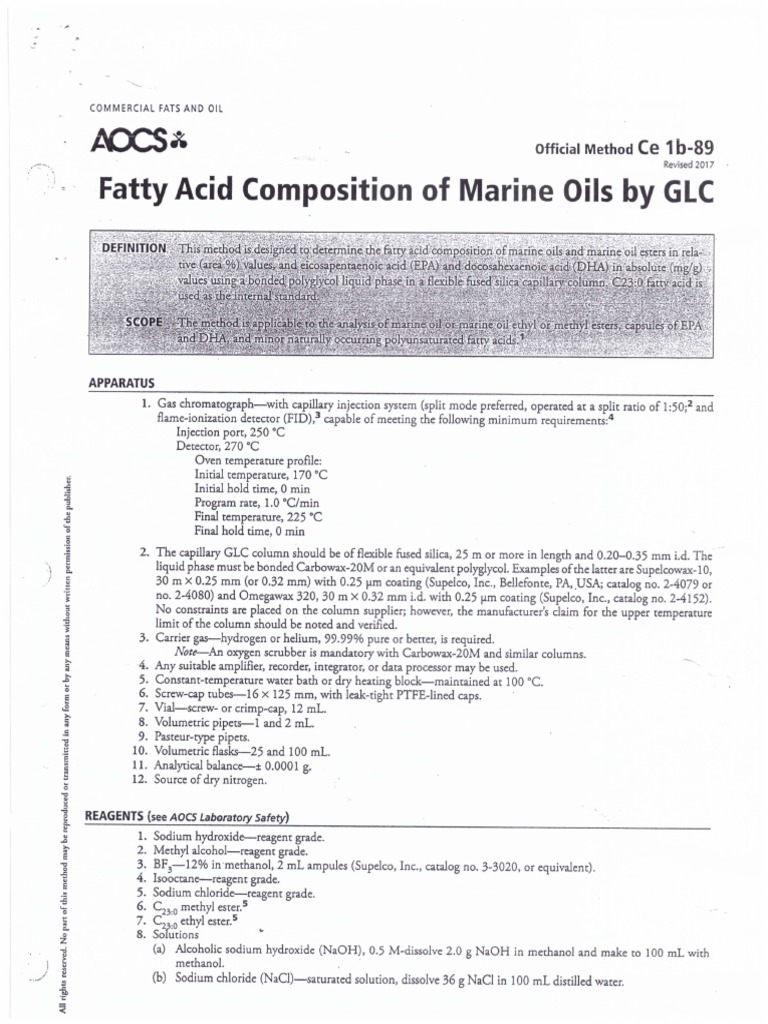 AOCS Ce 1b-89 FATTY ACID COMPOSITION OF MARINE OILS BY GLC | PDF