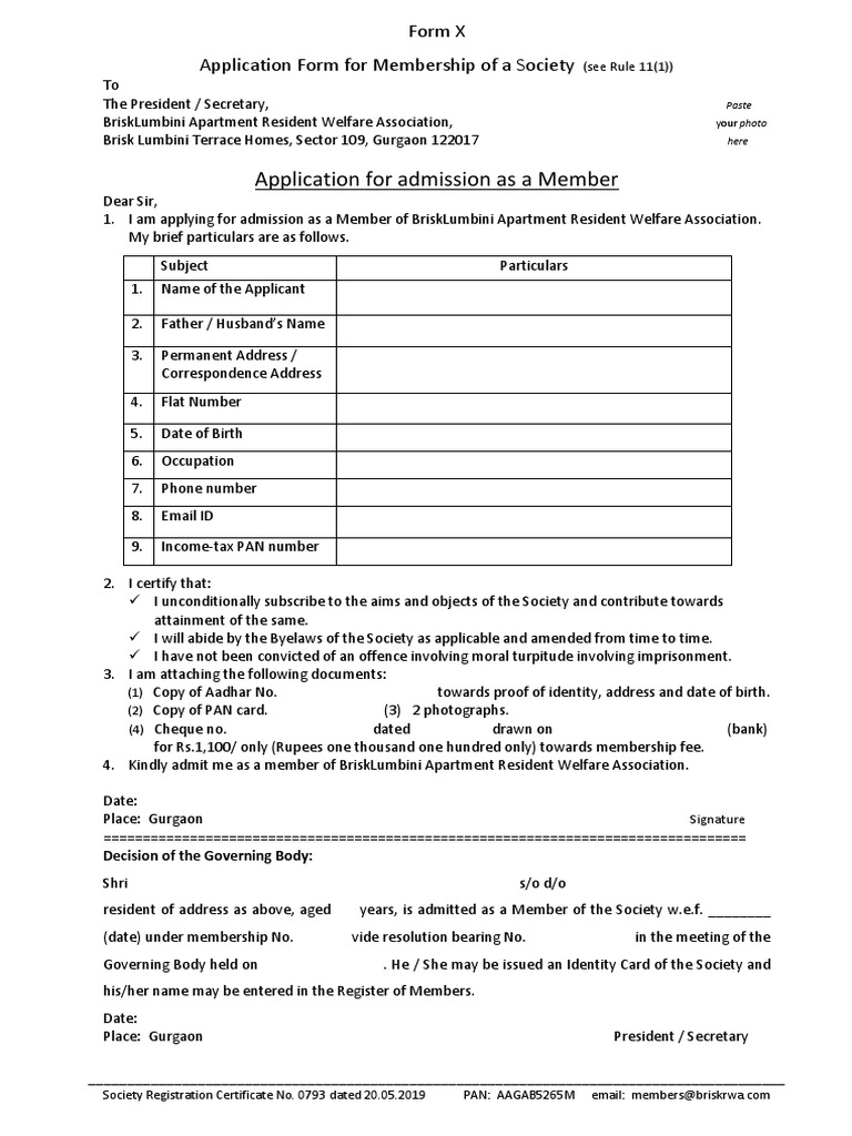 Society Membership Application Form | PDF | Identity Document | Access Control