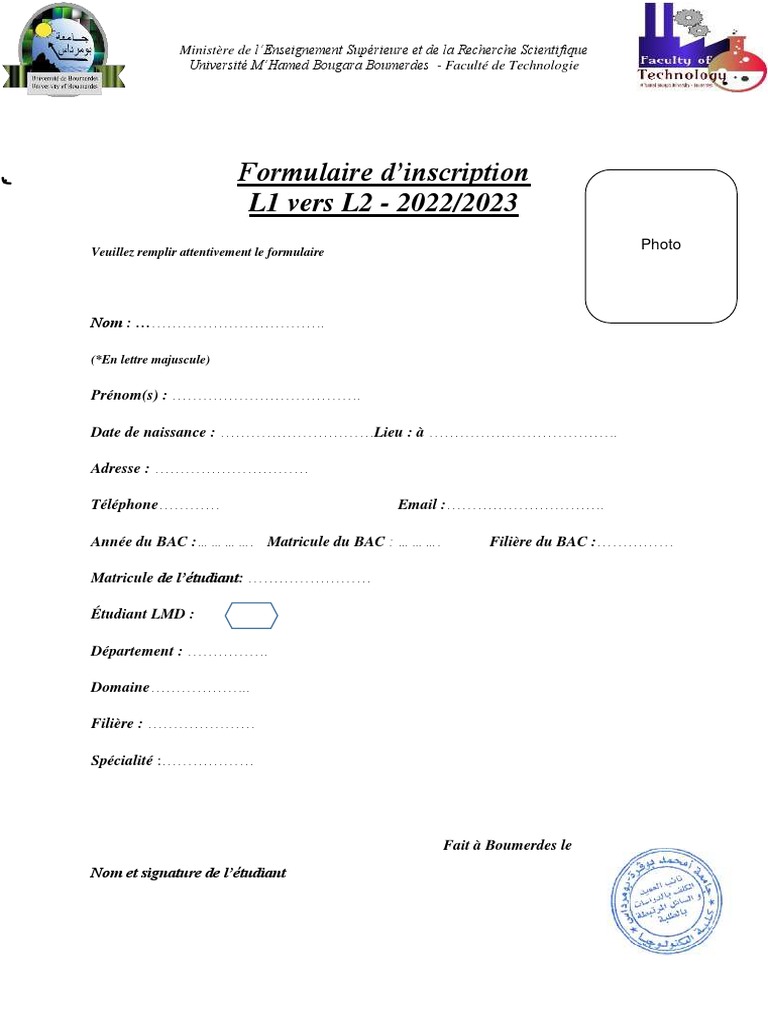 Formulaire Inscription L1-L2 2022/2023 | PDF | Jeux et activités