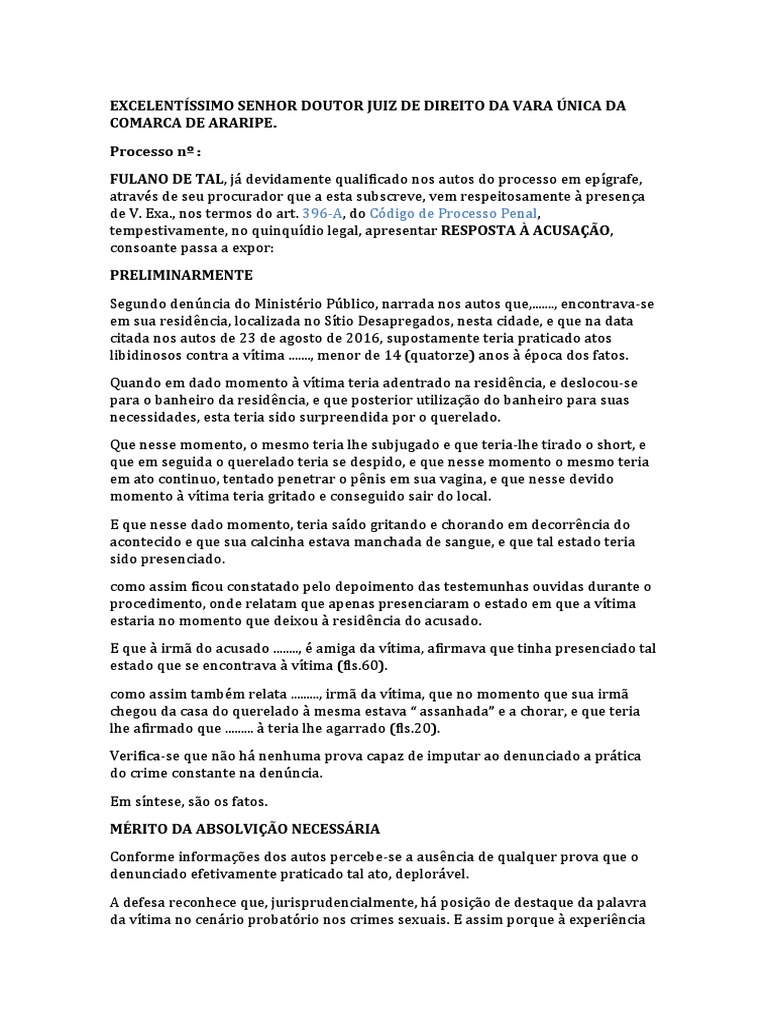 Resposta A Acusacao Estupro de Vulneravel | PDF | Procedimento criminal | Réu