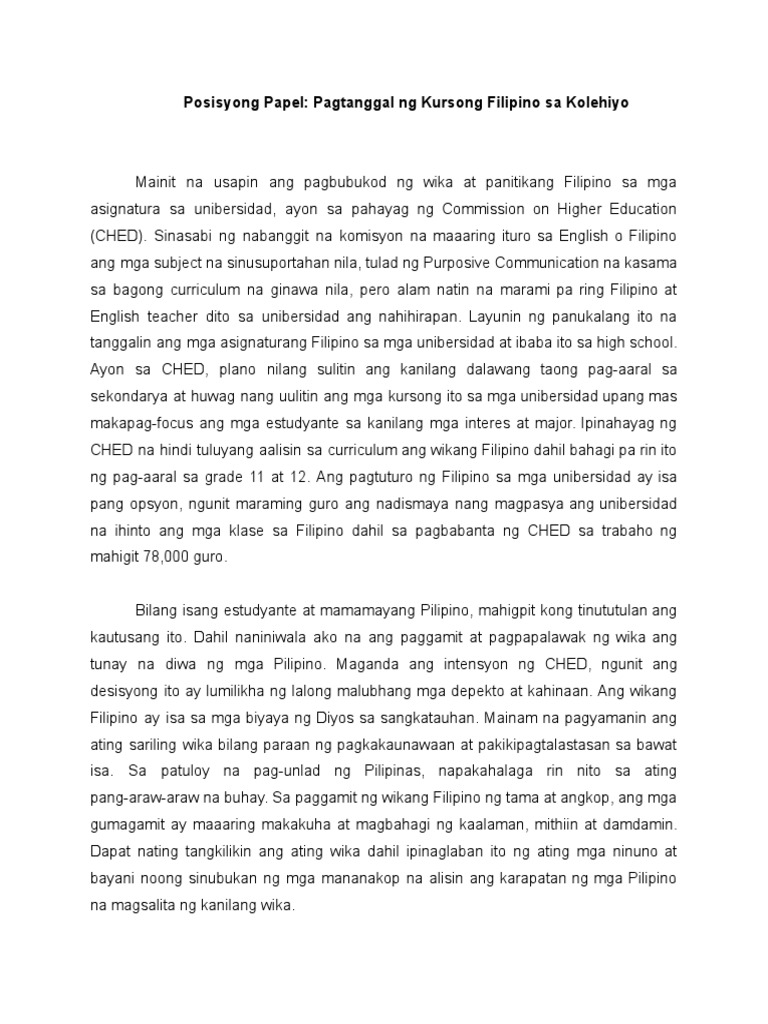 Posisyong Papel Pagtanggal ng Kursong Filipino sa Kolehiyo | PDF