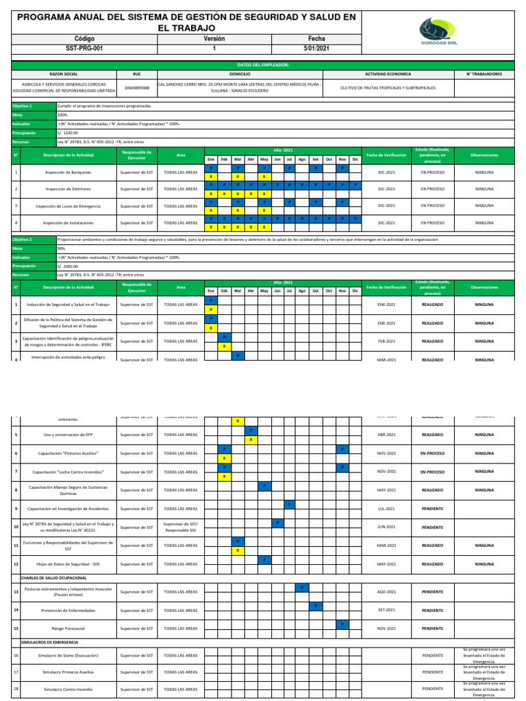 Programa Anual Del Sistema de Gestion de Seguridad y Salud en El ...