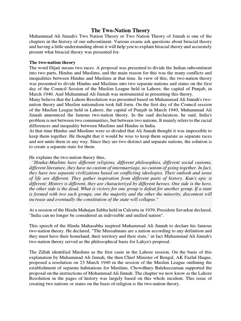 The Two Nation Theory | PDF | Two Nation Theory | Pakistan The Two Nation Theory | PDF | Two Nation Theory | Pakistan