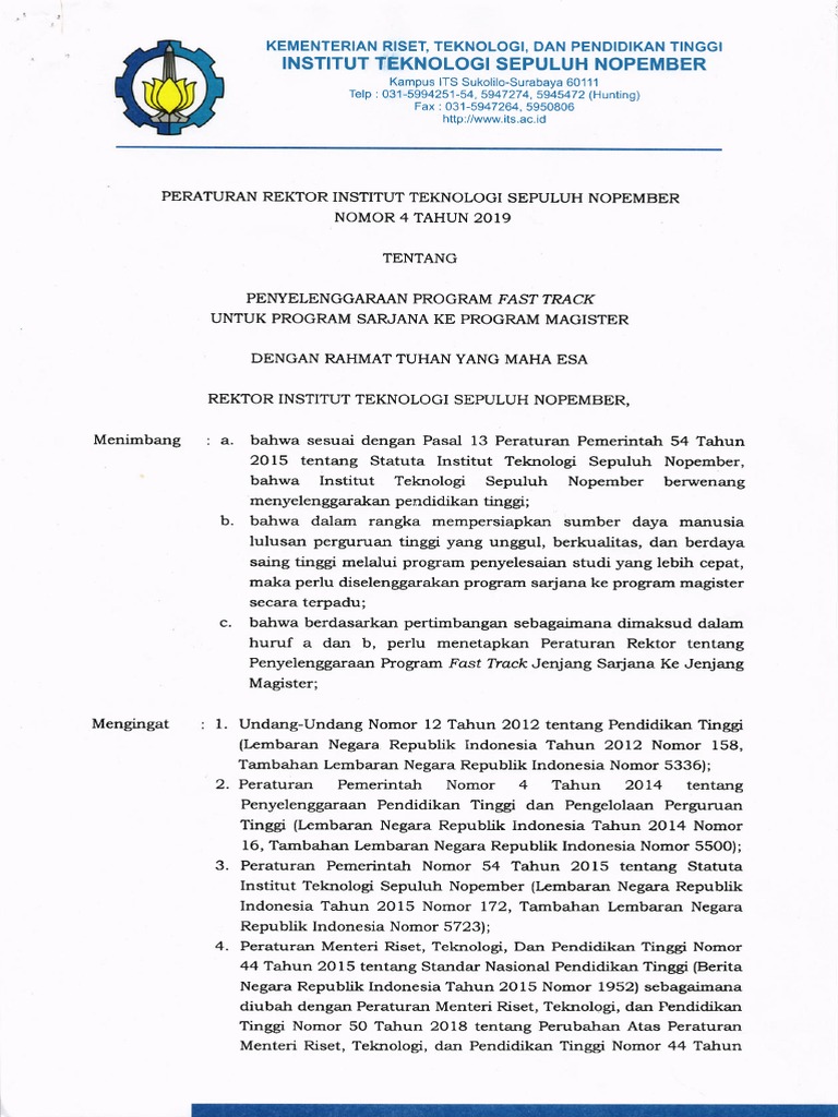 Peraturan Rektor Nomor 4 Tahun 2019 TTG Penyelenggaraan Program Fast Track Dari Sarjana Ke ...