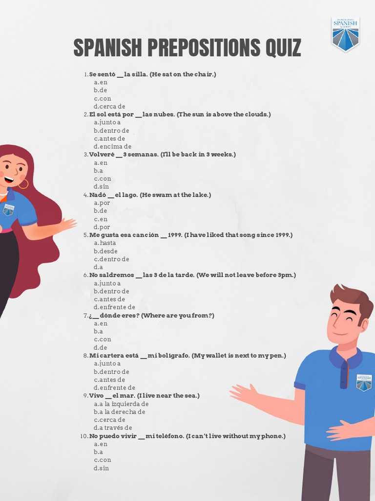 Spanish Prepositions of Place Time and More Practice Quiz and ...
