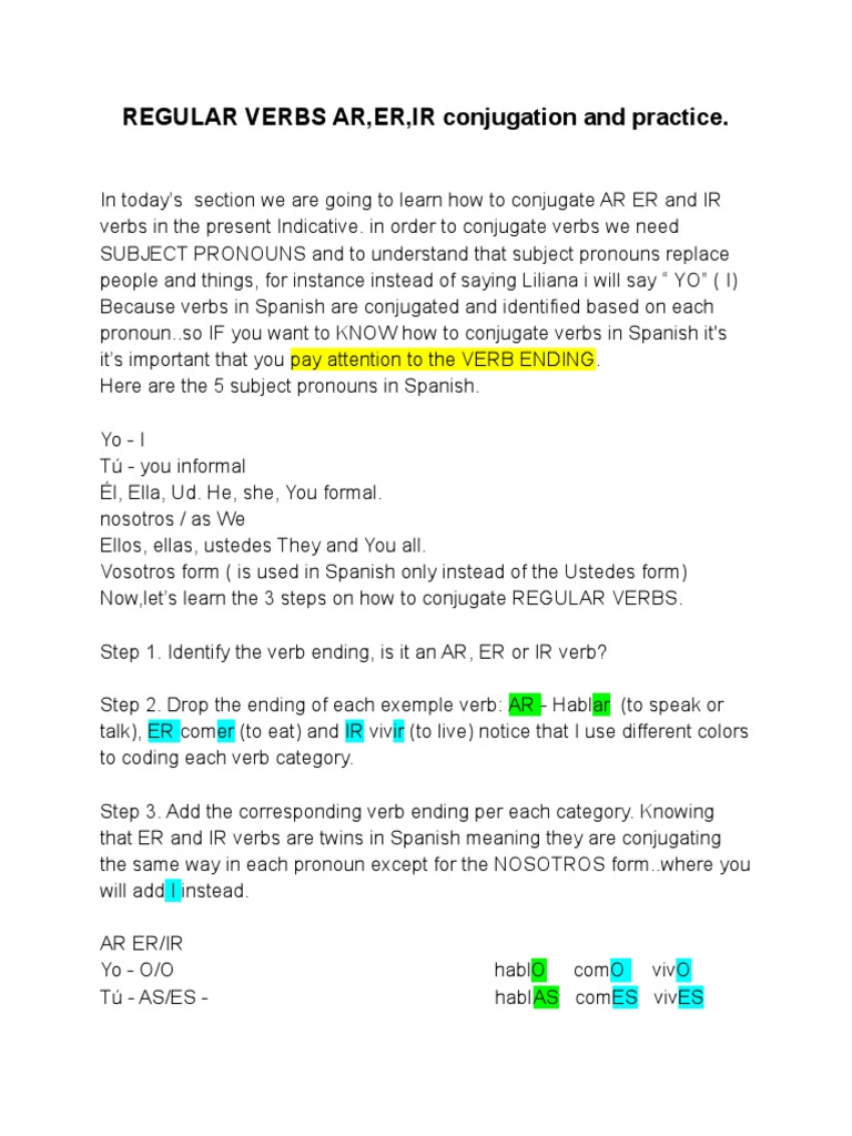 AR, ER, IR VERBS Conjugation Plus SUBJECT PRONOU | PDF | Foreign ...