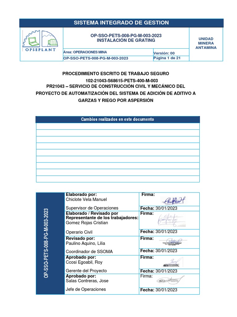 Op Sso Pets 008 PG M 003 2023 Instalación de Gratng Rev.00 | PDF | Minería | Seguridad y salud ...