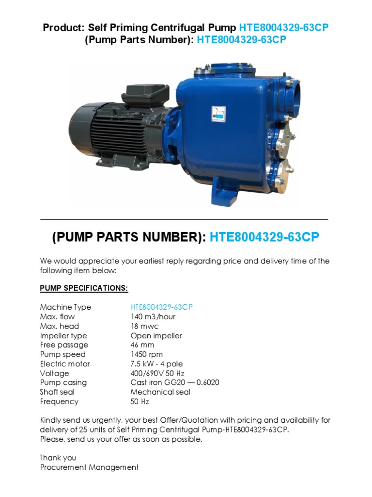 Product: Self Priming Centrifugal Pump (Pump Parts Number) | PDF
