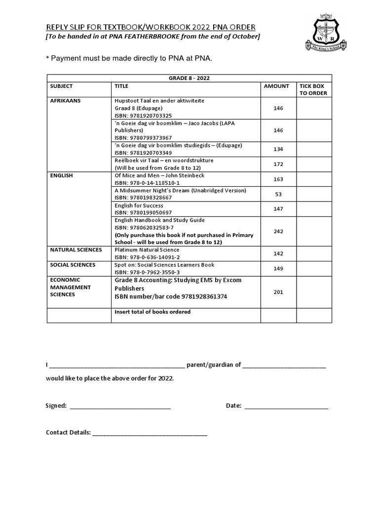 2022 GR 8-12 PNA TEXTBOOK ORDER FORM | PDF
