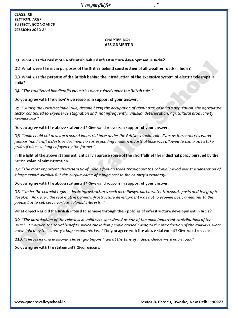 XII - ECONOMICS - Indian Economy On The Eve of Independence - Assignment 3 | PDF | Economies