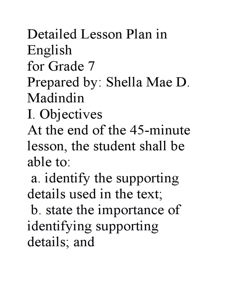Grade 7 English Lesson Plan: Supporting Details | PDF | Lesson Plan ...