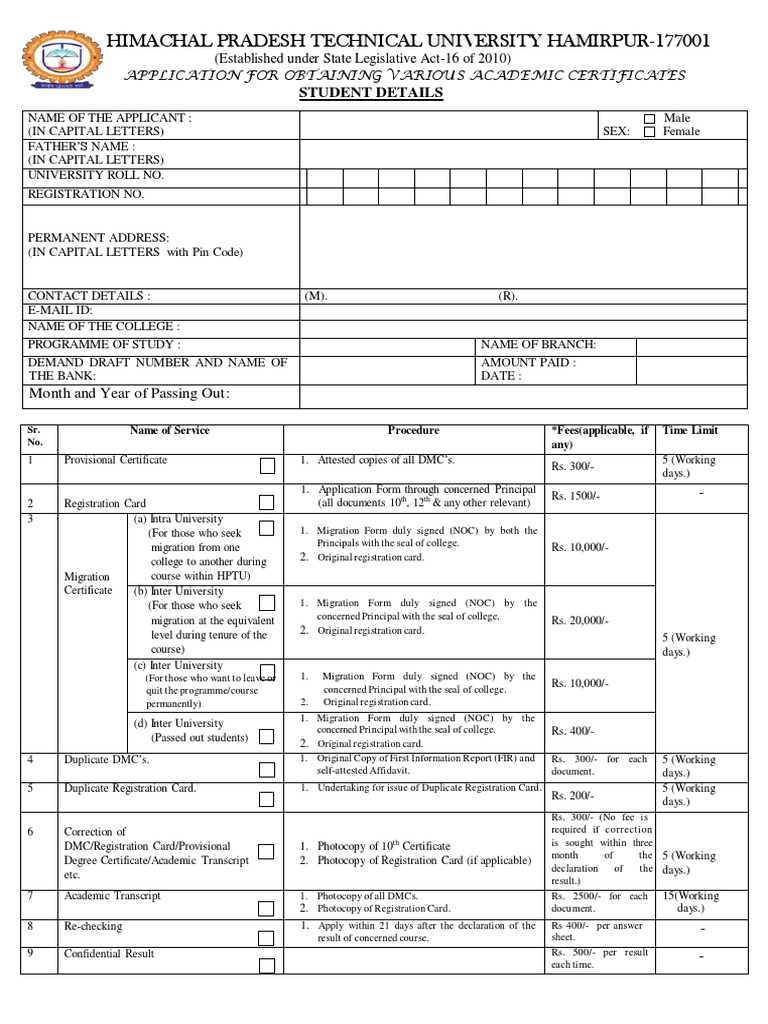 HPTU Academic Certificate Application Form | PDF