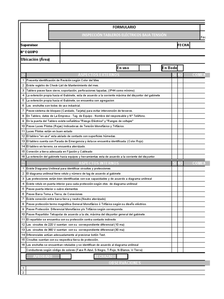 Check List Tableros Electricos De Baja Tension Pdf