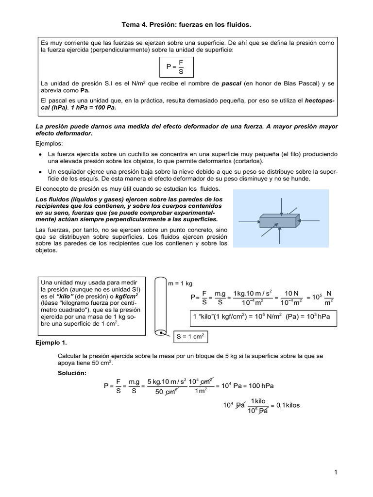 Tema 4 Fluidos | PDF | Pascal (Unidad) | Presión