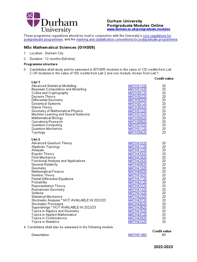Durham University Postgraduate Modules Online: Programme Structure ...
