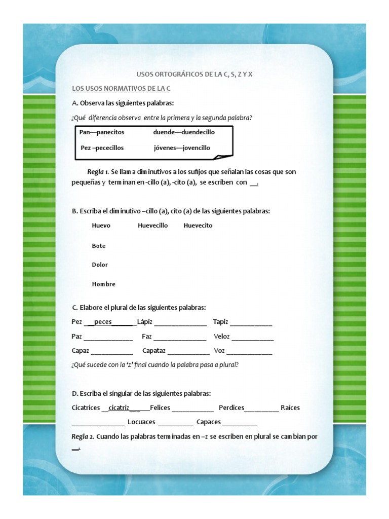 Usos ortográficos de C, S, Z y X | PDF | Mecánica del lenguaje ...